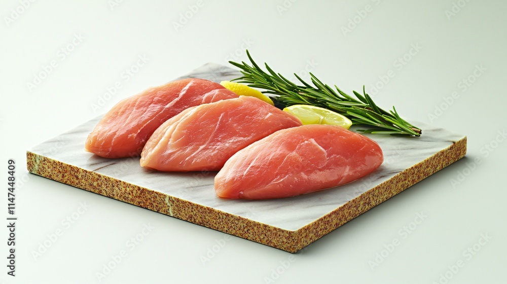 Raw chicken breast fillets placed on a marble slab, with a garnish of ...