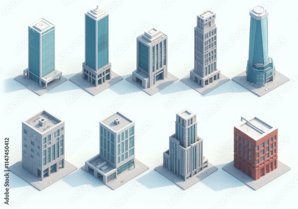 Isometric view of a set of 10 modern buildings, each showcasing ...
