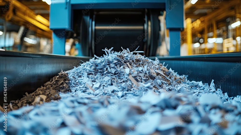 Shredded paper strips pile up inside a massive industrial shredding ...