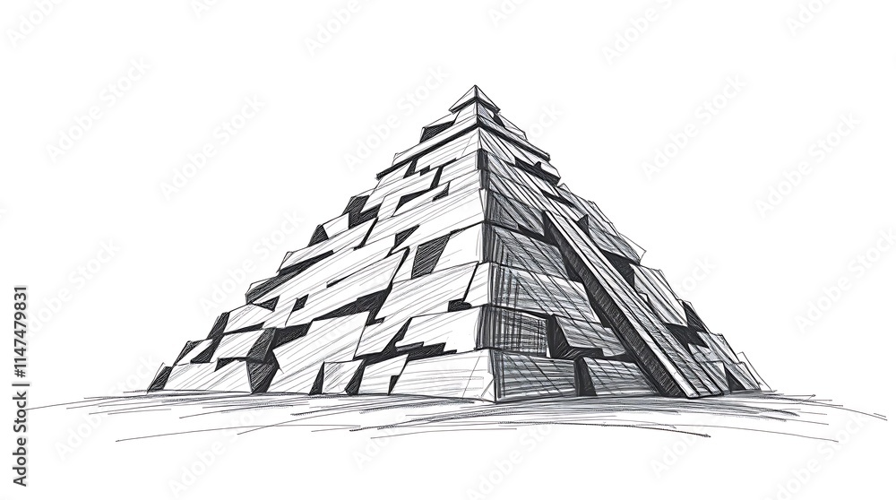 A meticulously detailed pencil sketch of a geometric pyramid structure ...