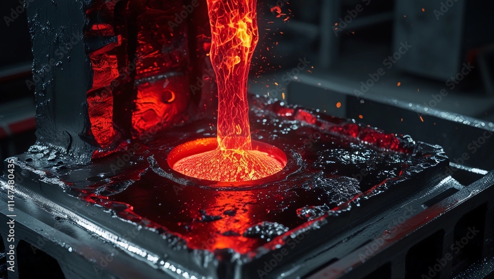 Metal on casting. Metallurgy. Red hot magma texture, red glowing liquid ...