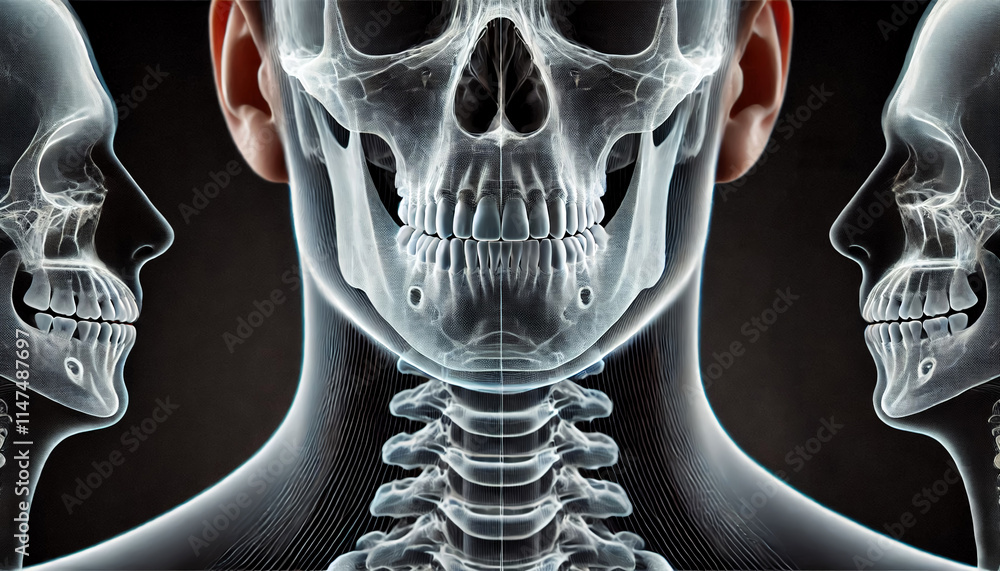 An X-ray image of the human chin showing the bone density, jawline ...