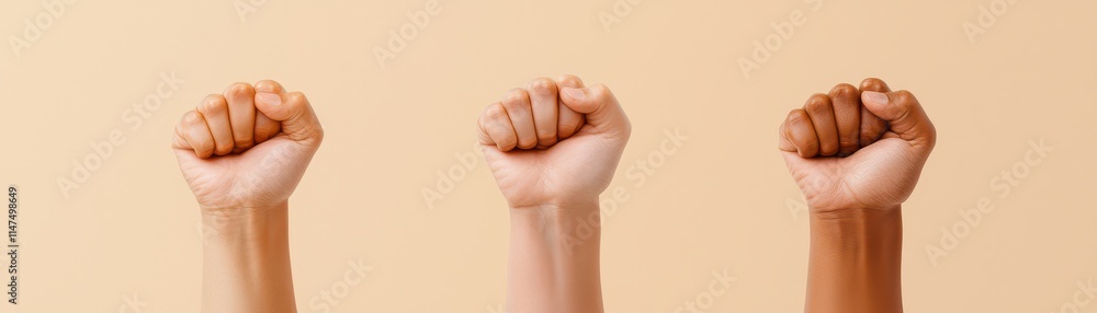 Black History Month minimalist backgrounds concept. Raised fists of diverse skin tones against a ...