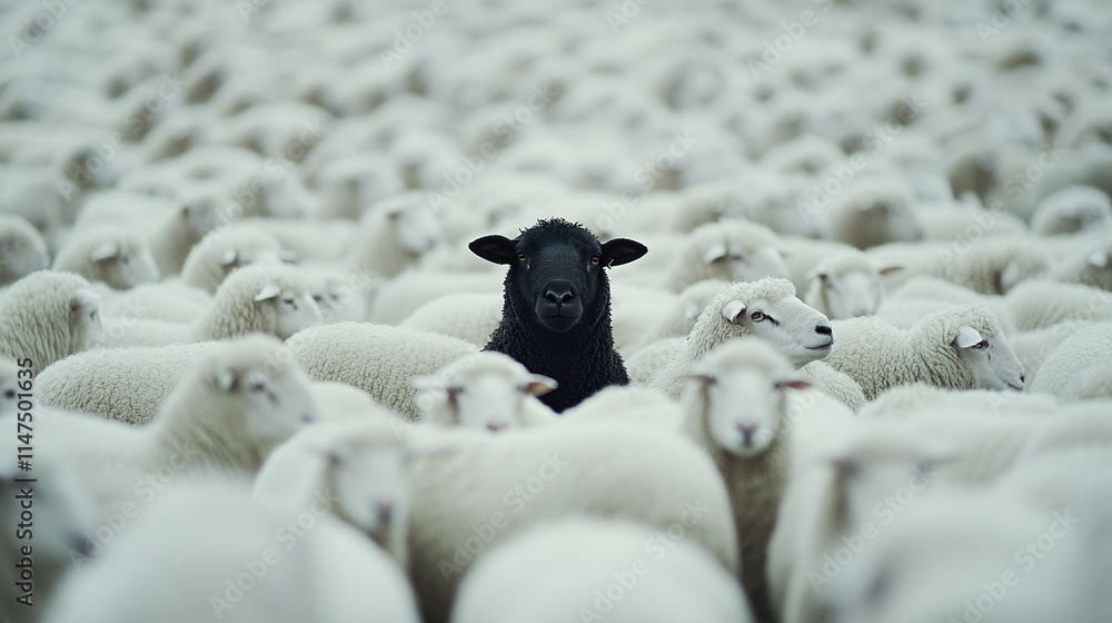 Oveja negra en el centro de un rebaño de ovejas blancas, resaltando por ...