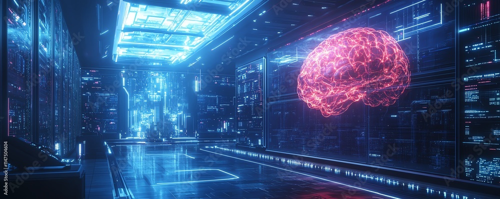 A 3Drendered brain with pulsating neural pathways integrated into a ...