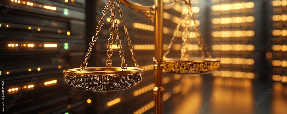 Golden law scales infused with holographic AI patterns, set before a ...