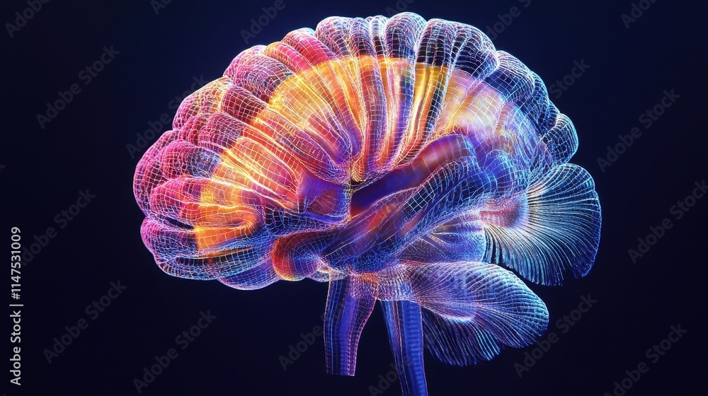 Abstract wireframe model of a human brain, glowing with vibrant colors ...