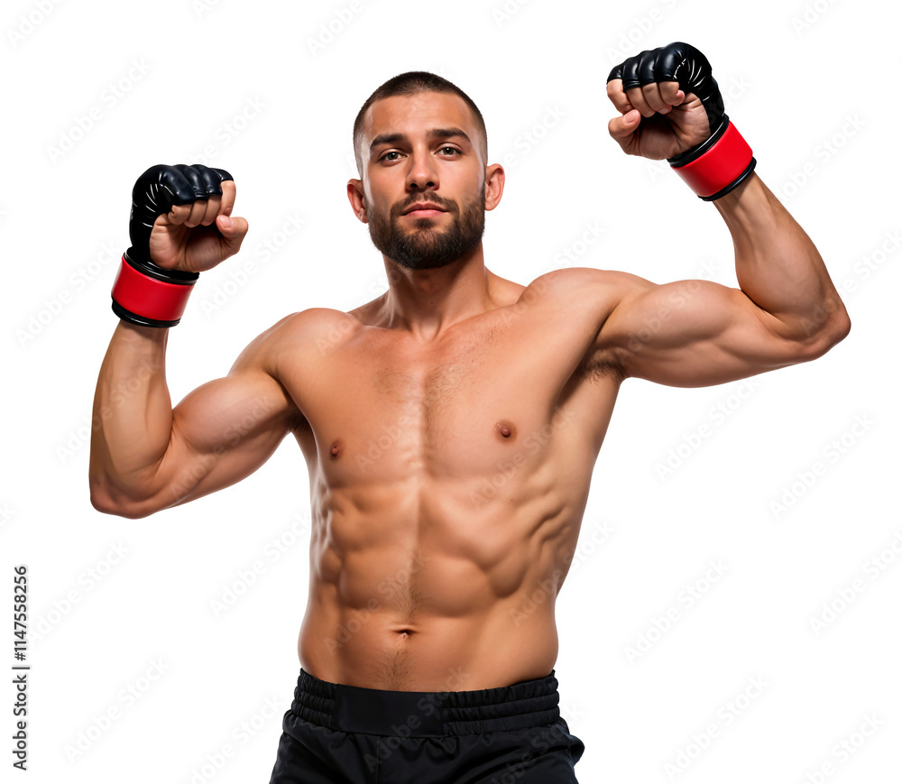 Muscular combat fighter posing with two hands up showing muscles in ...