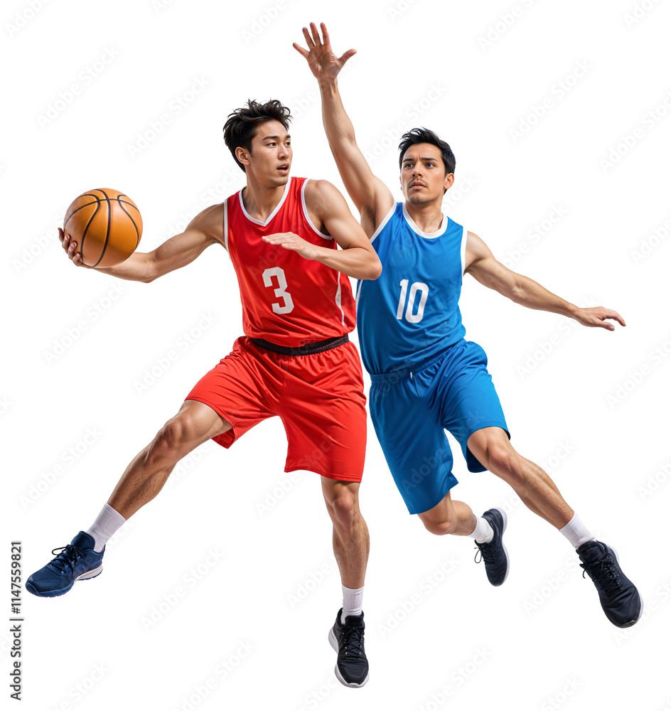 Midair shot of a two basketball player from different team, one about ...
