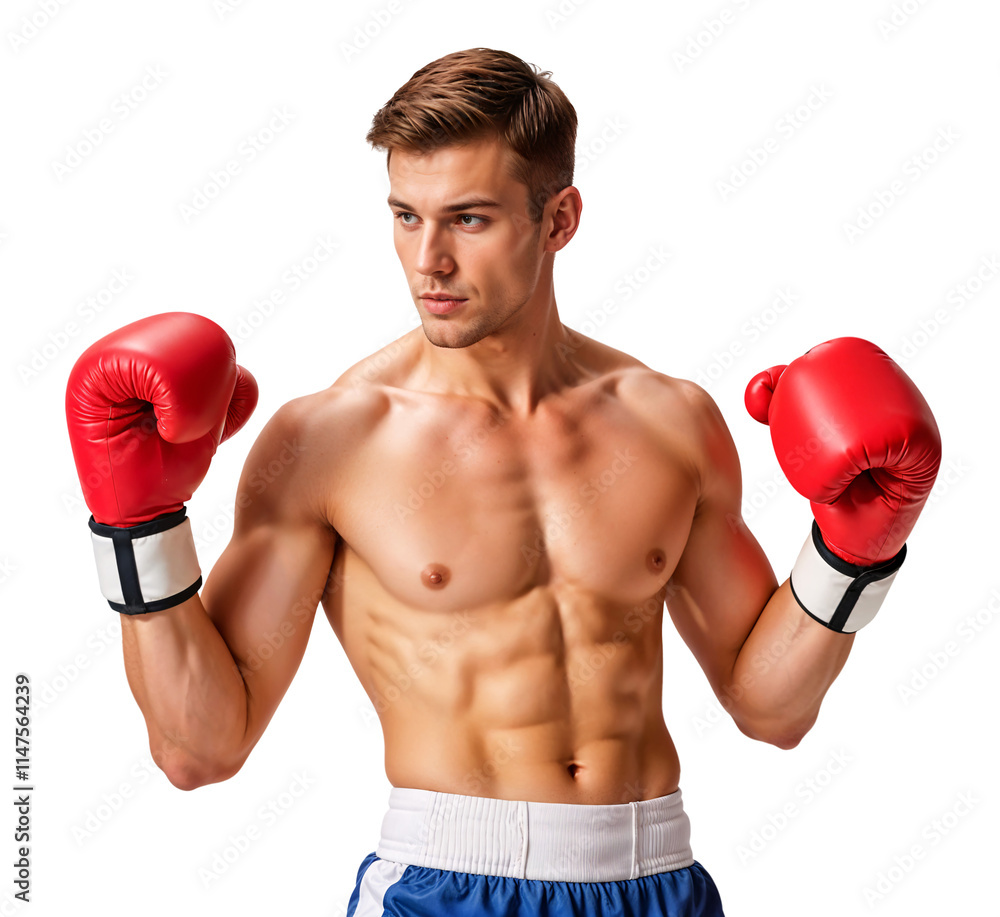 Portrait of male boxer in red boxing gloves, posing with two hands up ...