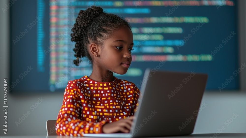 developing countries education concept. A focused girl types on a ...