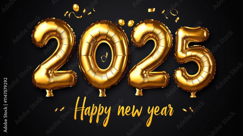 Happy New Year 2025! Celebrate the arrival of 2025 with these golden balloons, a symbol of hope ...