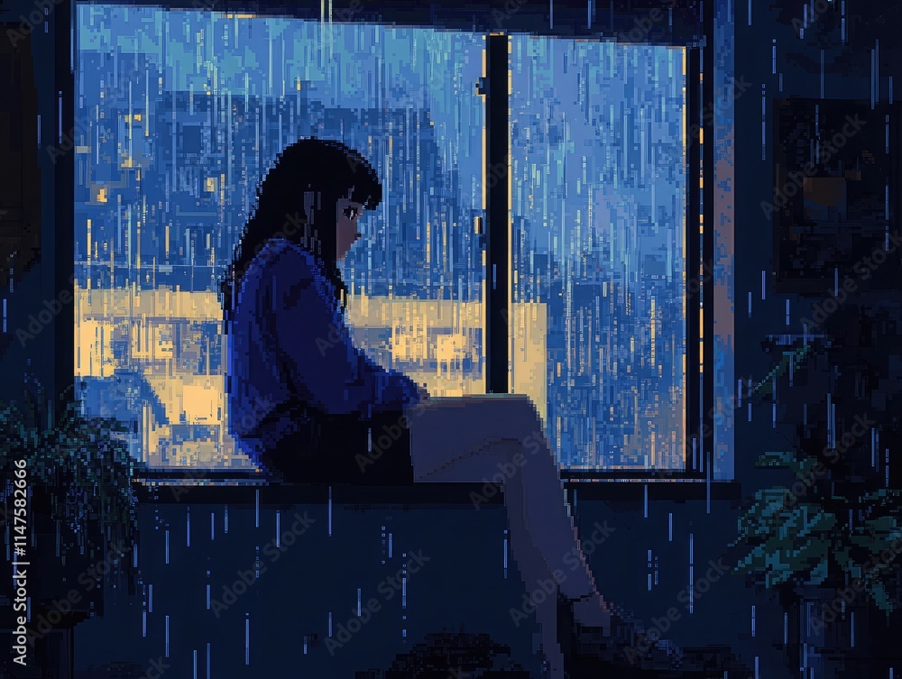 Stock-Illustration „8-bit pixel art, a girl sitting on the window sill ...