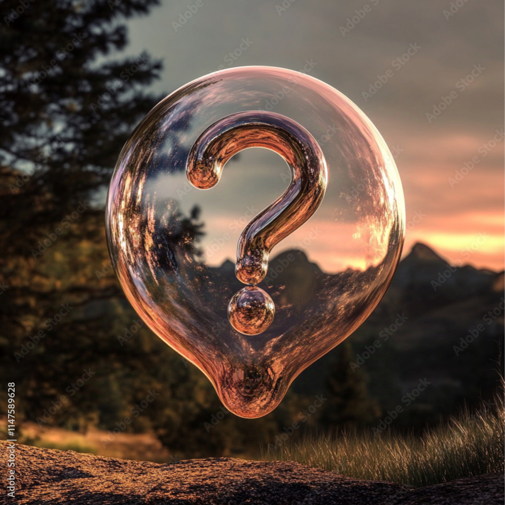 A glass bubble with a question mark inside, floating in a field at ...