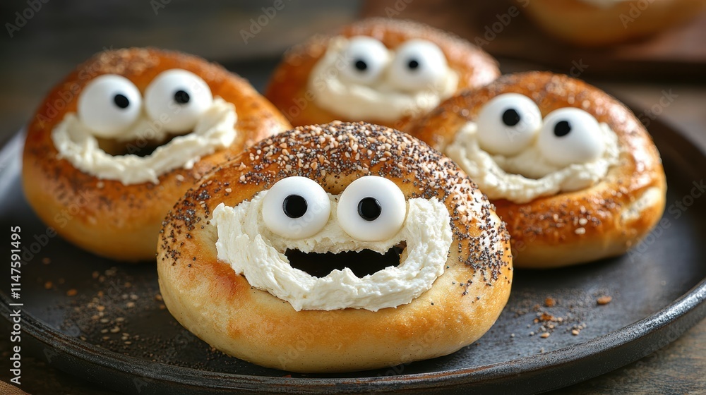 Creating fun bagels with cream cheese faces and edible eyes at home for ...