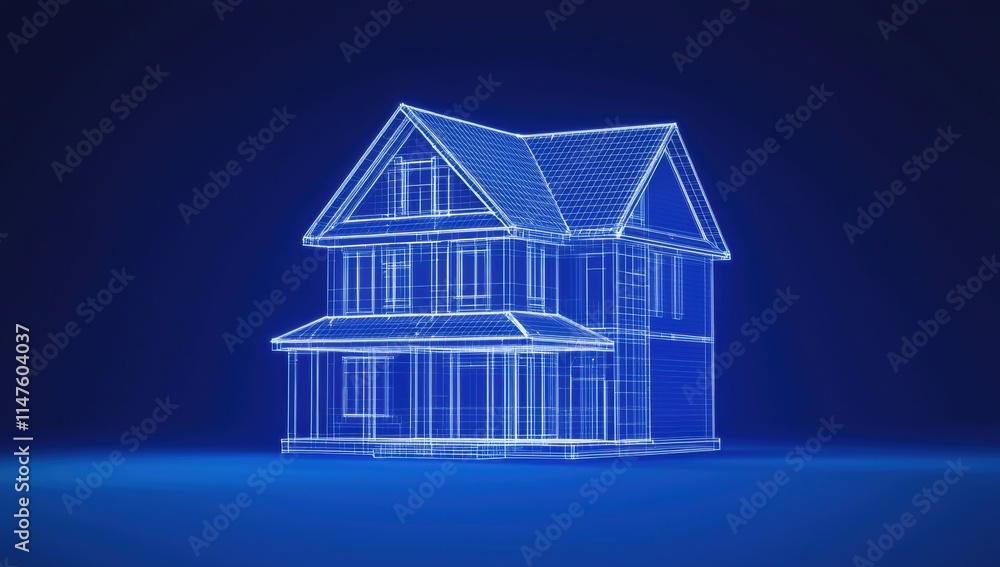 3D Wireframe Model of a Modern House on Blue Background Stock ...