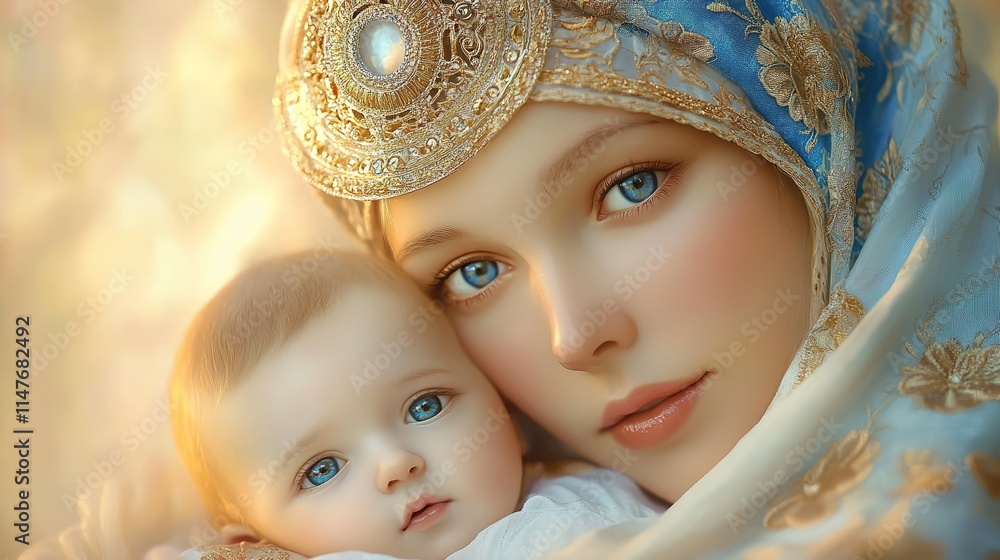 Digital artwork of Maria and baby Jesus with kind and gentle smiles ...