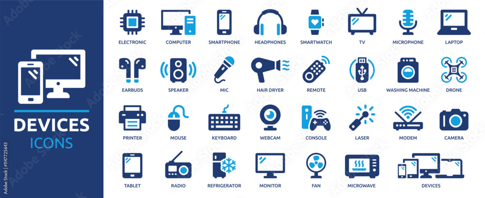Devices icon set. Containing smartphone, tablet, computer, TV, camera ...