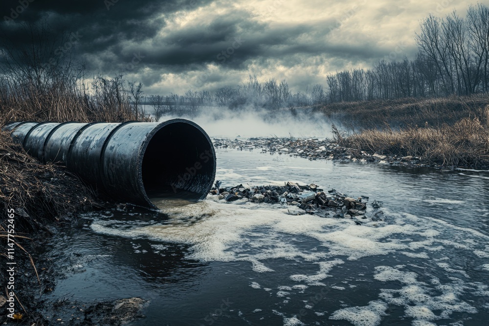 Polluted water emanating from a grimy sewage pipe riverbank ...