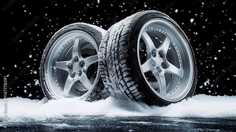 A pair of car tires on snow, with a black background and high ...