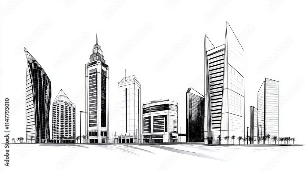 Riyadh skyline of Saudi Arabia in a line drawing vector sketching its ...