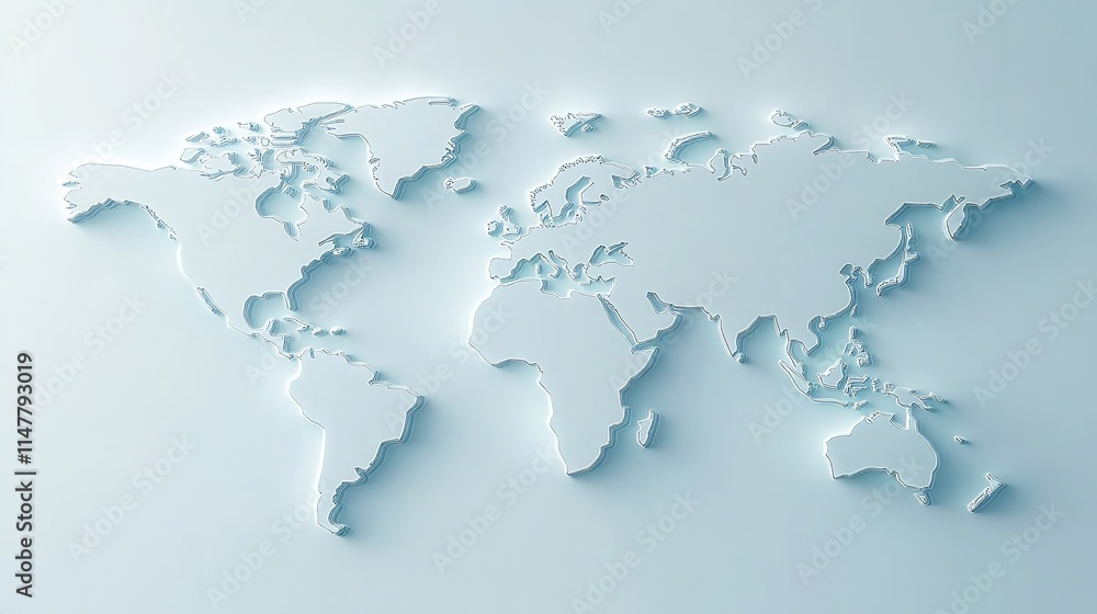 3D world map with a light blue background, simple design, white paper ...