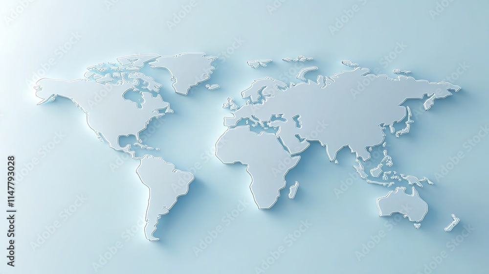 3D world map with a light blue background, simple design, white paper ...