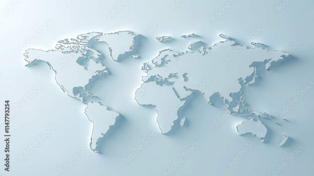 3D world map with a light blue background, simple design, white paper ...