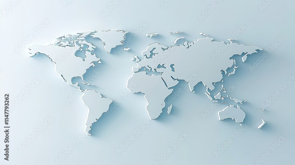 3D world map with a light blue background, simple design, white paper ...