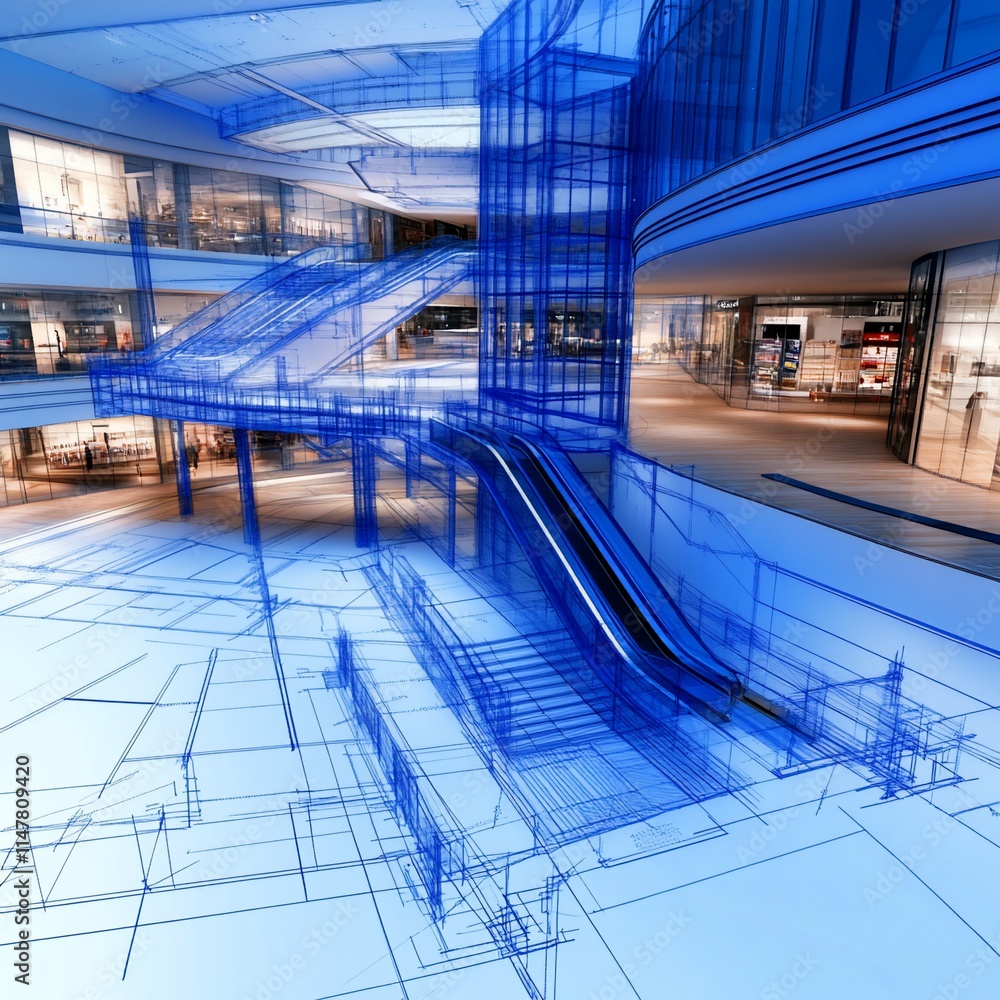 Blueprint overlay of modern shopping mall interior with escalator and ...