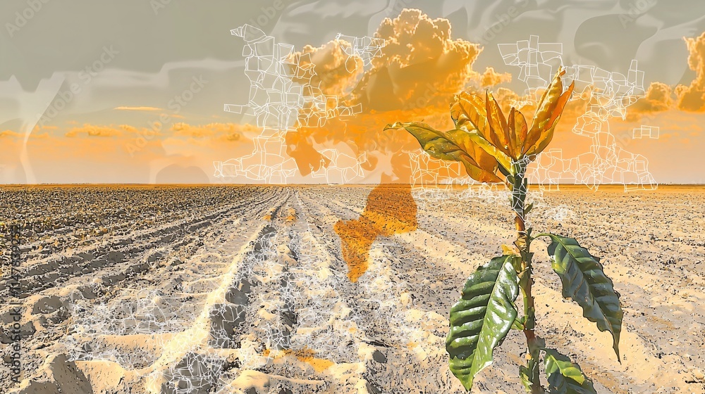 wilting Robusta coffee plant in a parched field, with transparent ...