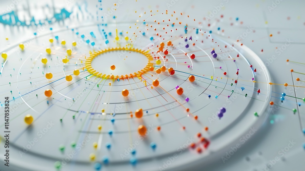 A striking 3D radar chart with colorful axes, representing multiple ...