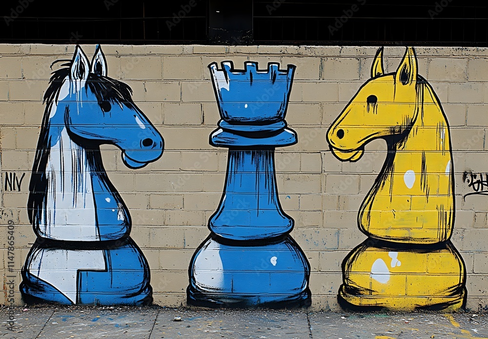 Graffiti on a brick wall depicts three chess pieces in blue and yellow ...