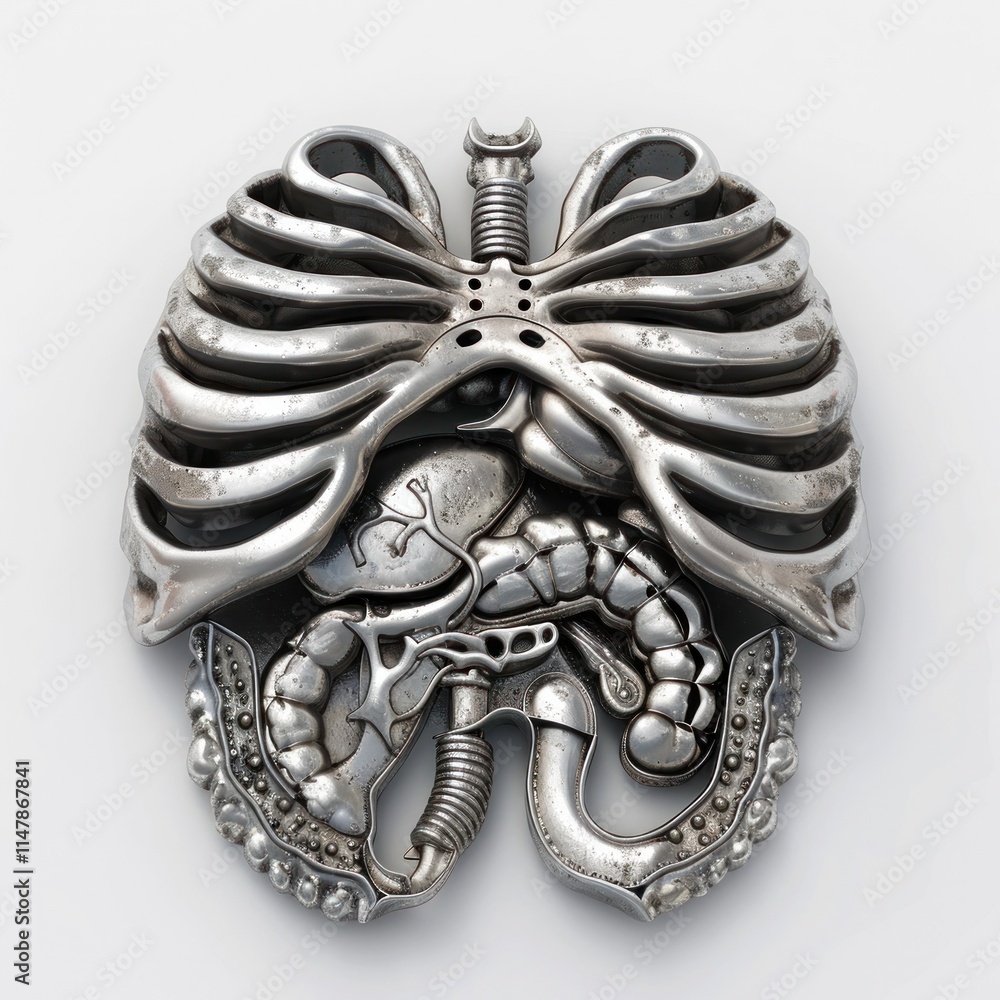 Detailed cross sectional view of the human rib cage and internal organs ...