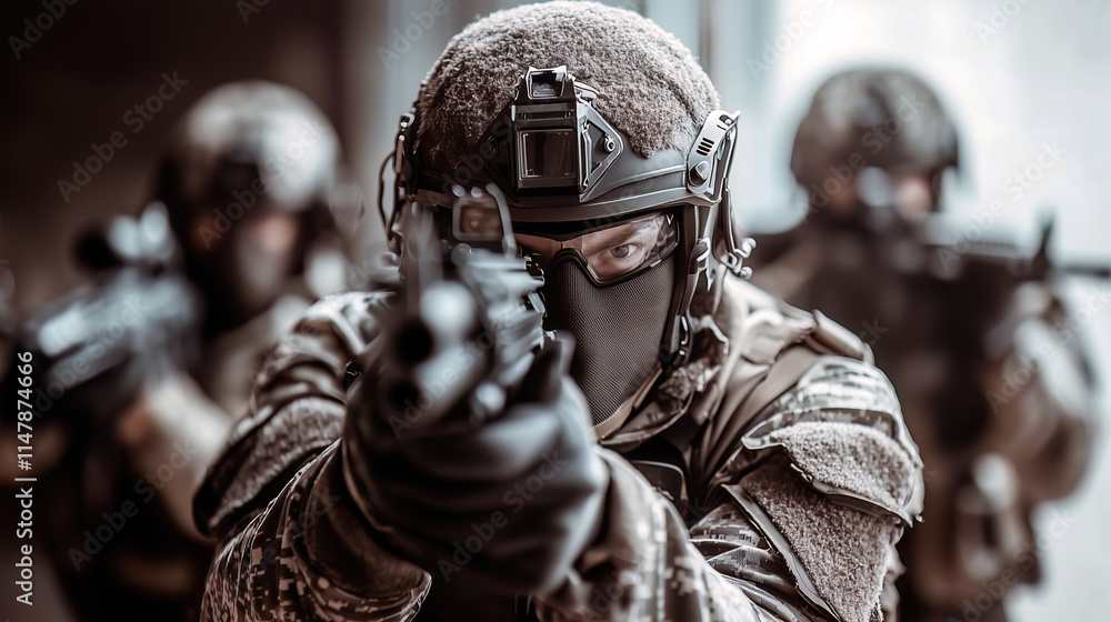 Special forces team in tactical gear performing an indoor raid ...