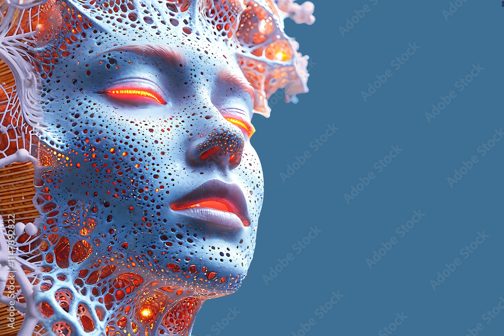 Futuristic, surreal human face with hollow structures reminiscent of a ...