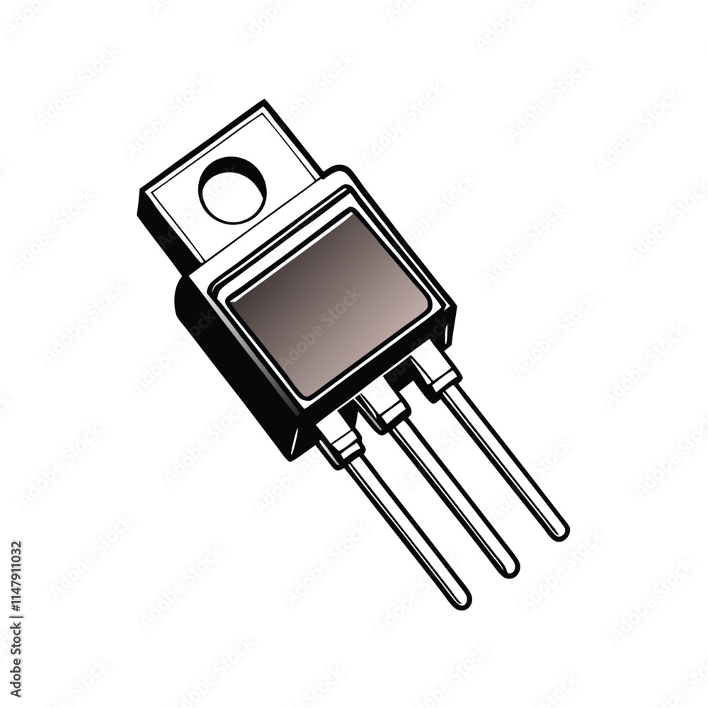 Create a precise vector illustration of a three-pin transistor packaged ...