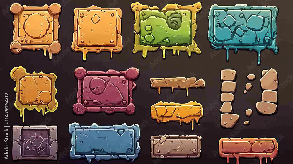 Ilustración de Stock Game ui frames, slime app buttons, icons, boards or plaques. Cartoon gooey ...