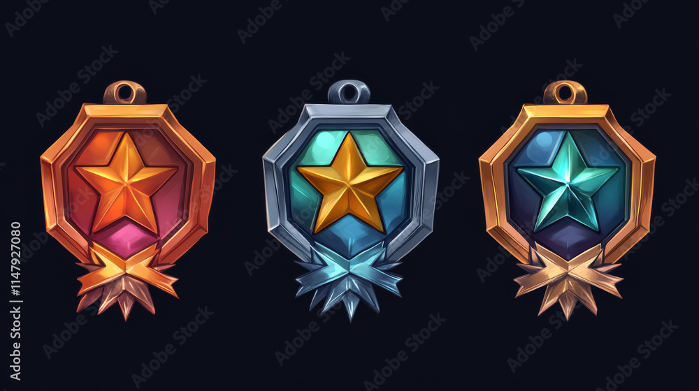 Game award badges and medals for third, second and first place. Cartoon ...