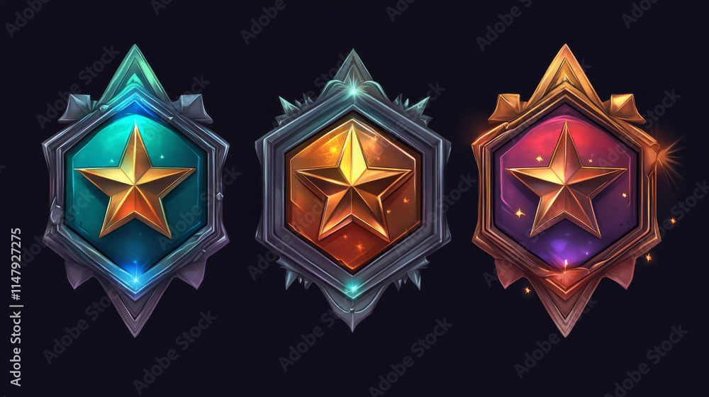 Game award badges and medals for third, second and first place. Cartoon ...