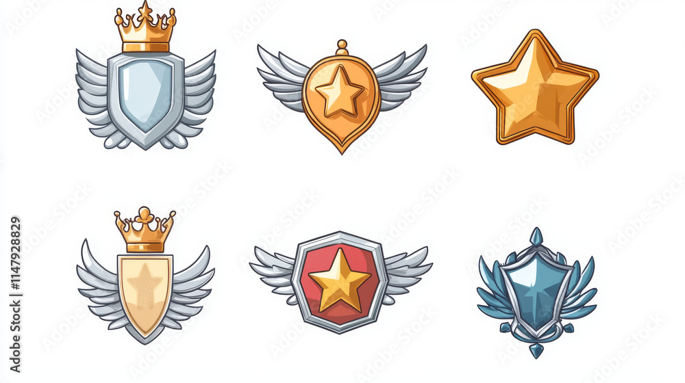 Game level icons, silver medals, stars, ui badges with wings, laurel ...