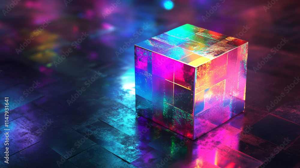 3d holographic prism cube with abstract light. Isometric square cuboid ...