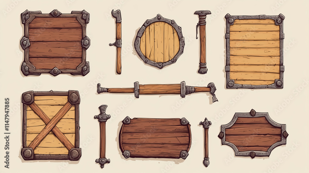 Wooden plates with metal frames for game ui design. Wood signs, panels ...