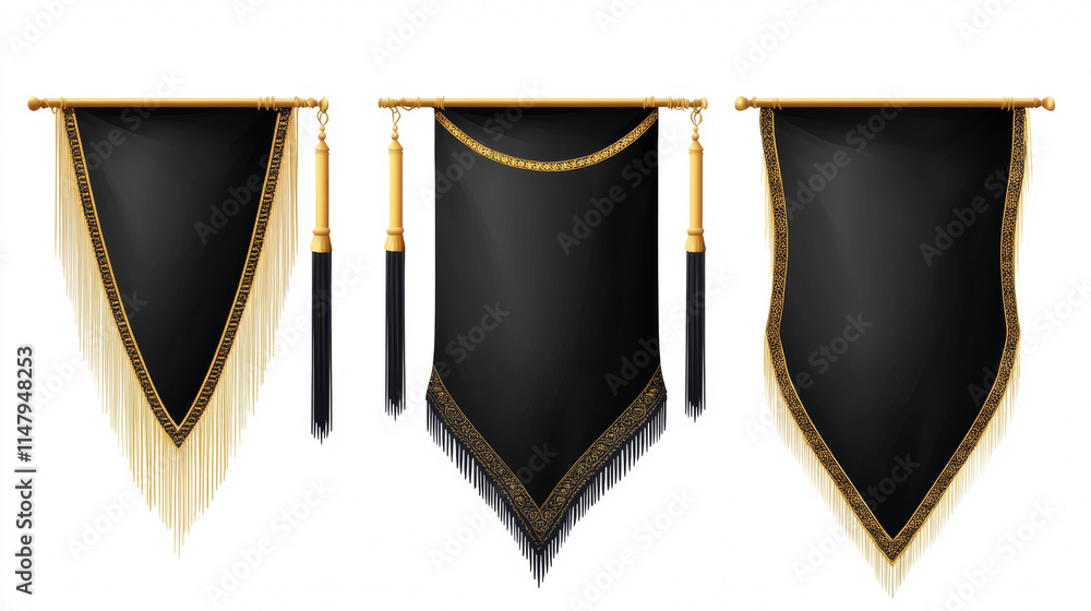 ภาพประกอบ Stock Black long pennant flags with golden tassel fringe and ...