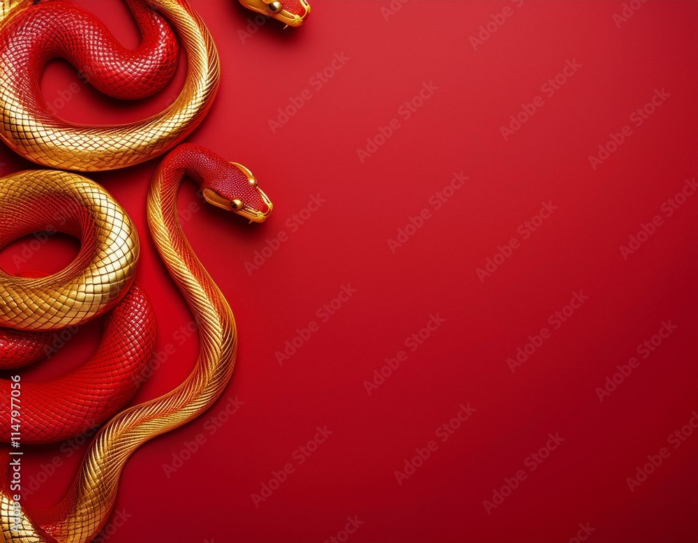 Top view of red and golden snakes on red background with copy space ...