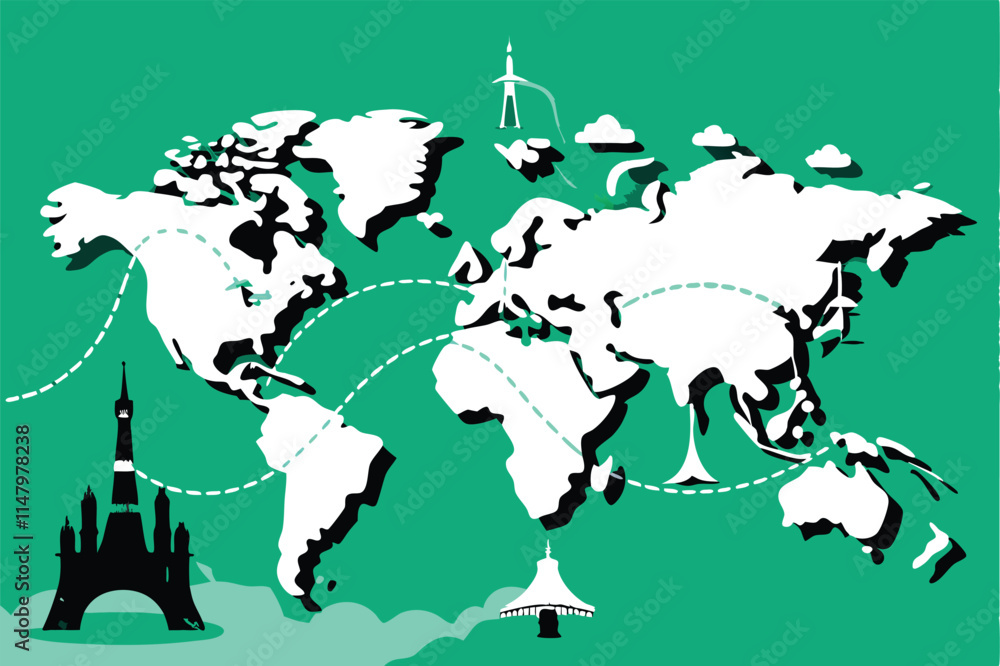 Create a vibrant world map highlighting major tourism destinations ...