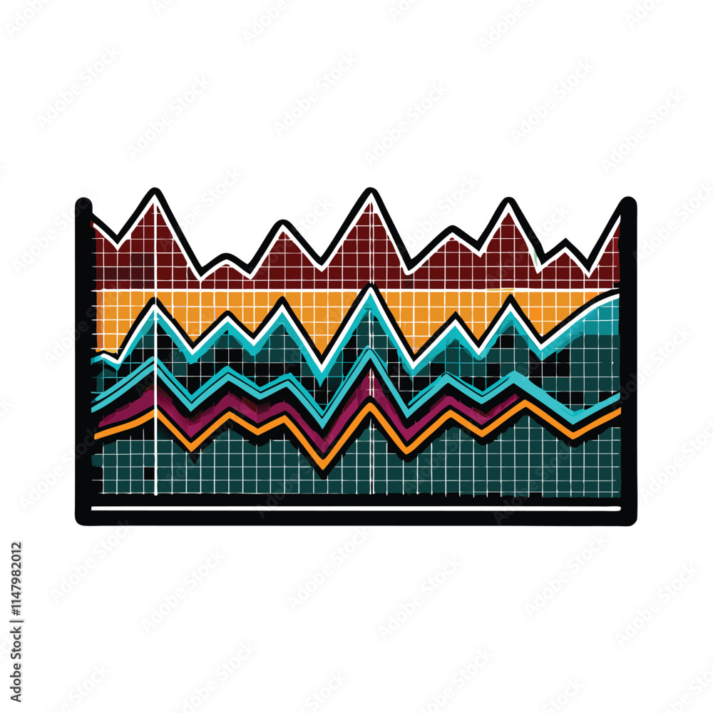 Create a vibrant vector art illustration of a complex time series graph ...