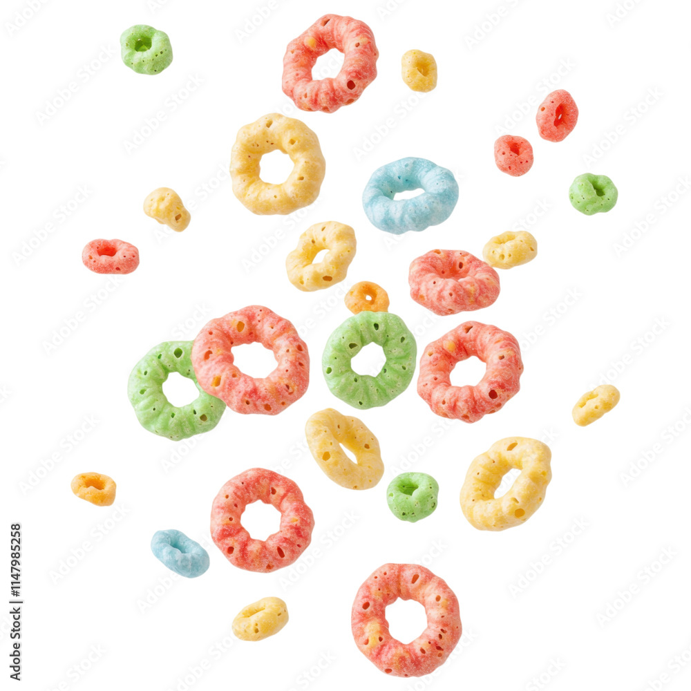 Colorful, ring-shaped cereal pieces in various sizes and hues, creating ...