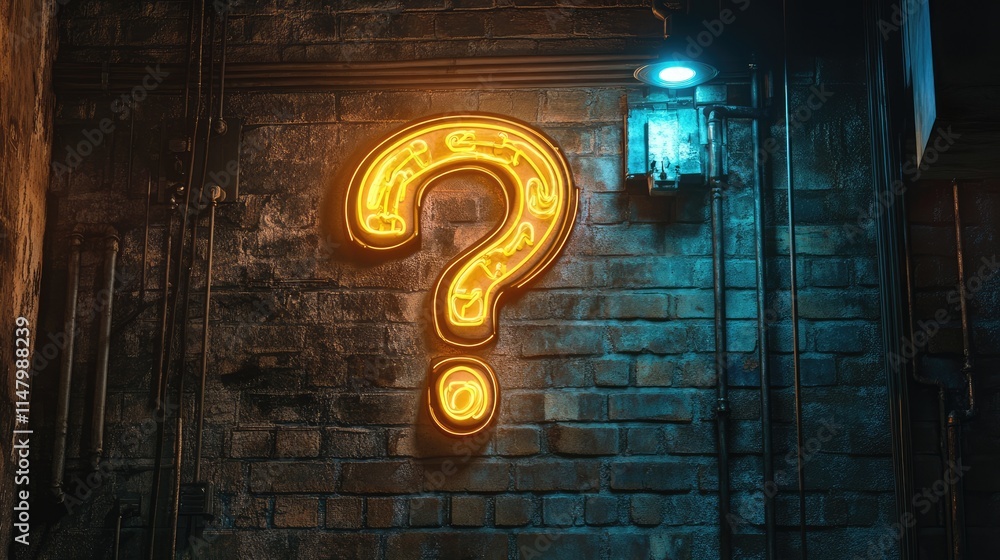 Neon sign in form of a question mark on a wall background representing ...
