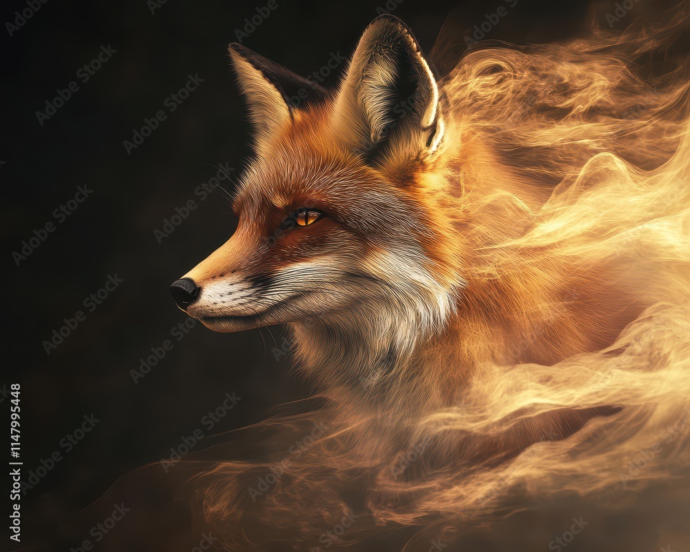 Mystical fox with floating ribbons of light surrounding it, wildlife ...